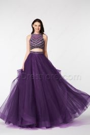 Two Piece Crystal Beaded Purple Ruffles Prom Dresses | eDresstore