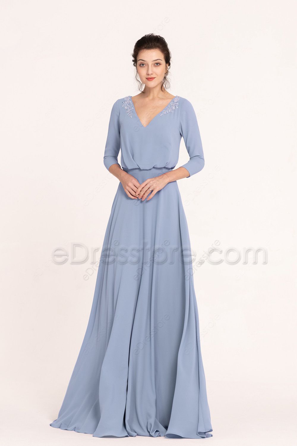 Modest Beaded Crystal French Blue Bridesmaid Dresses with Sleeves ...