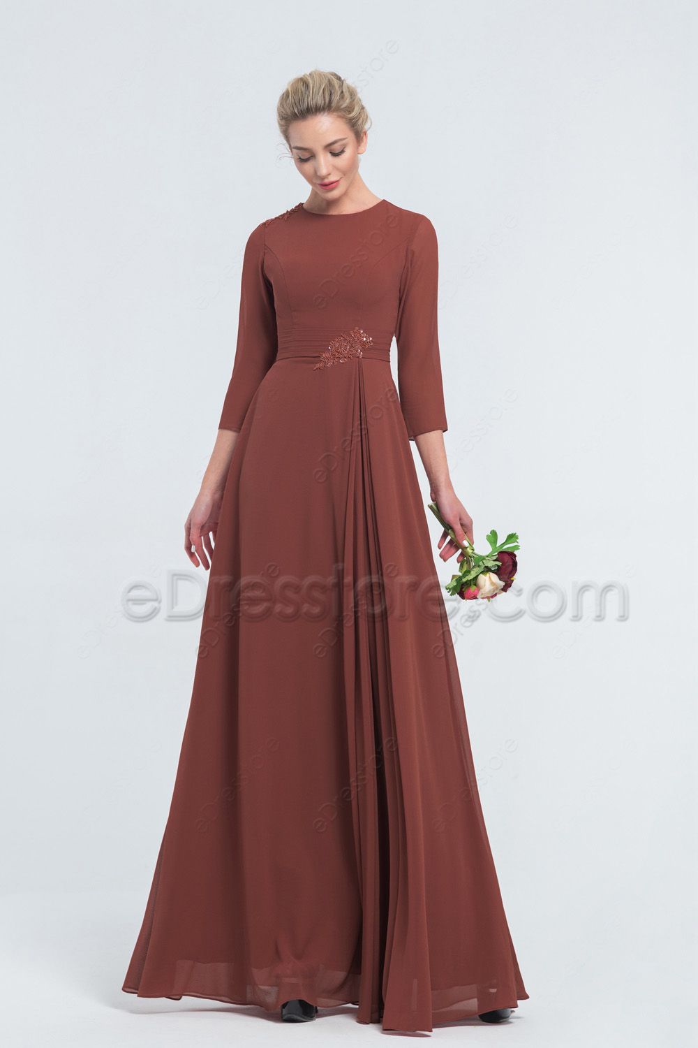 Modest Beaded Mahogany Bridesmaid Dresses with Sleeves | eDresstore