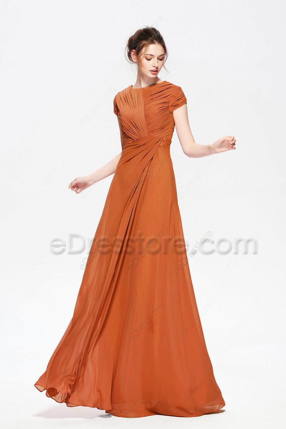 Modest Beaded Rustic Orange Bridesmaid Dresses Cap Sleeves | eDresstore