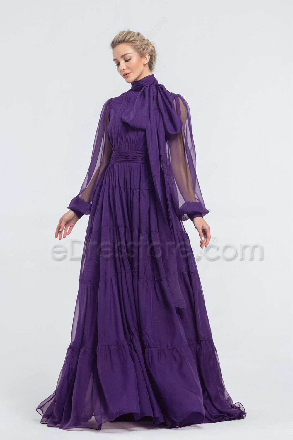 Modest Dark Purple Bridesmaid Dresses Long Sleeves | eDresstore