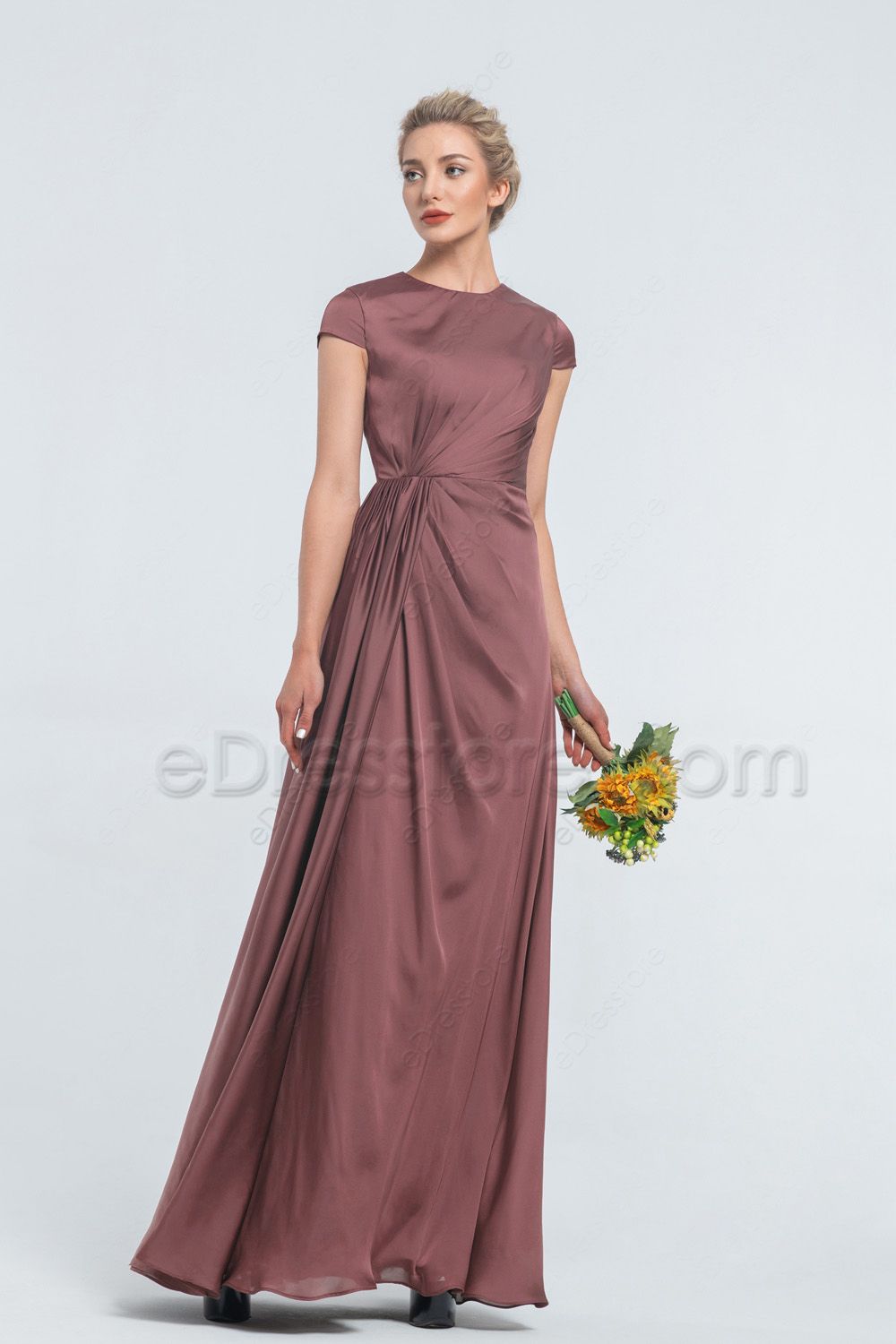 Modest Desert Rose Bridesmaid Dresses with Cap Sleeves | eDresstore