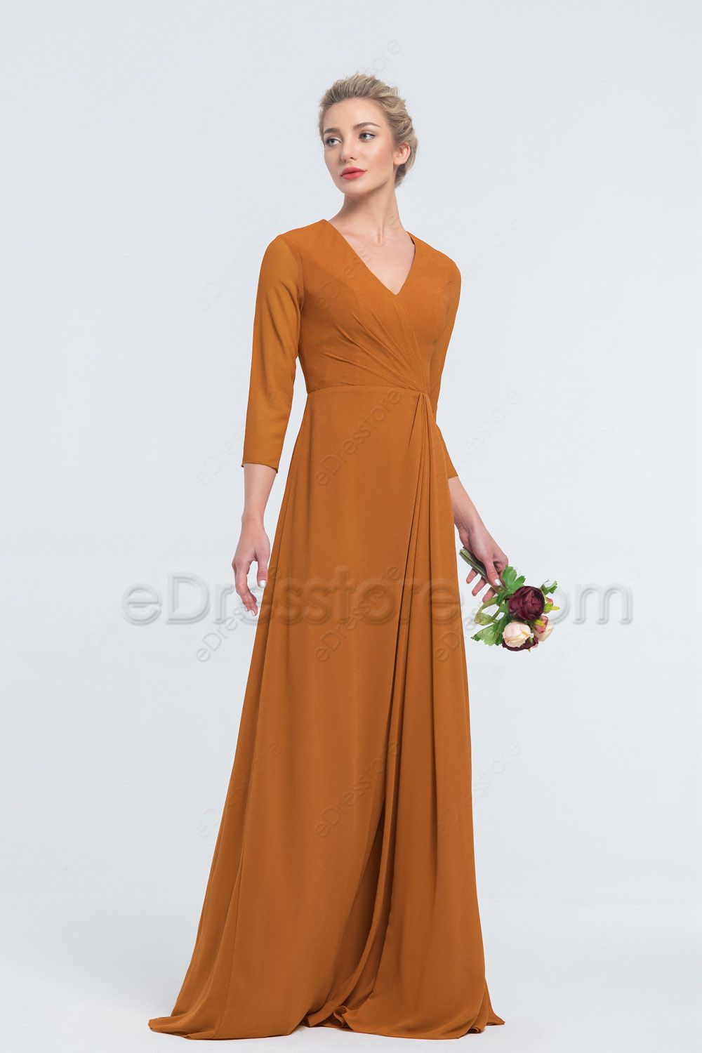 Modest Elegant Rush Orange Bridesmaid Dresses with Sleeves | eDresstore