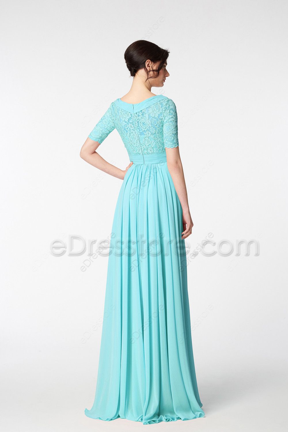 Modest LDS Aqua Bridesmaid Dresses with Sleeves | eDresstore