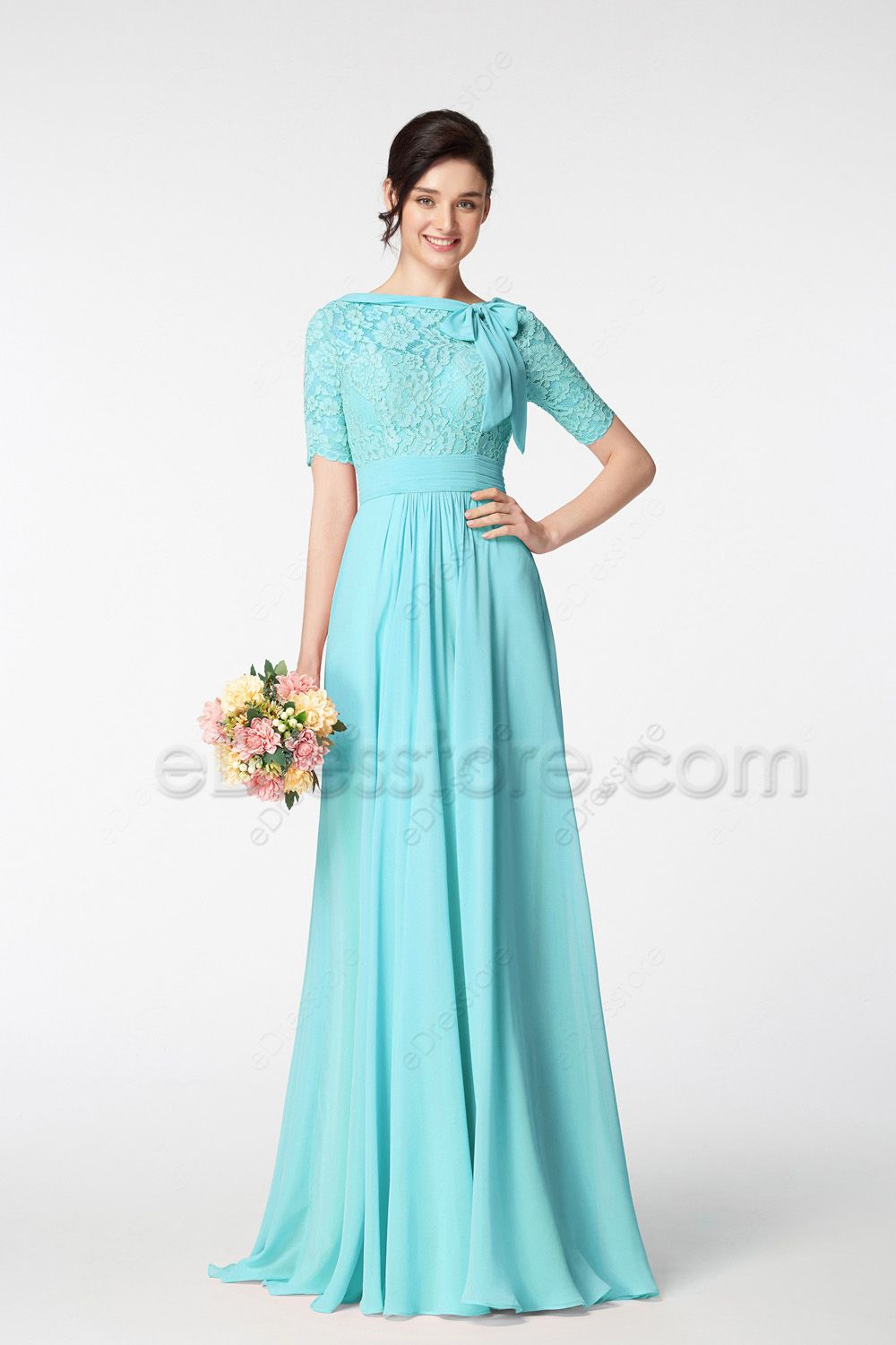 Modest LDS Aqua Bridesmaid Dresses with Sleeves | eDresstore
