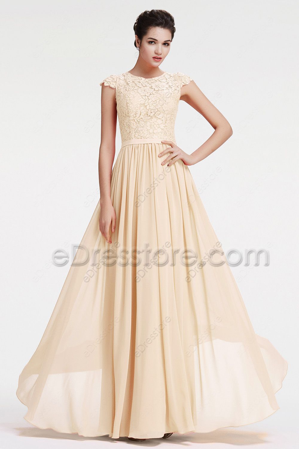 Modest LDS Champagne Colored Bridesmaid Dresses | eDresstore